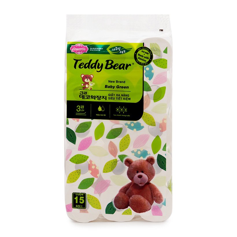 Giấy Vệ Sinh Baby Green Cao Cấp Teddy Bear 3 Lớp Có Lõi 15 Cuộn