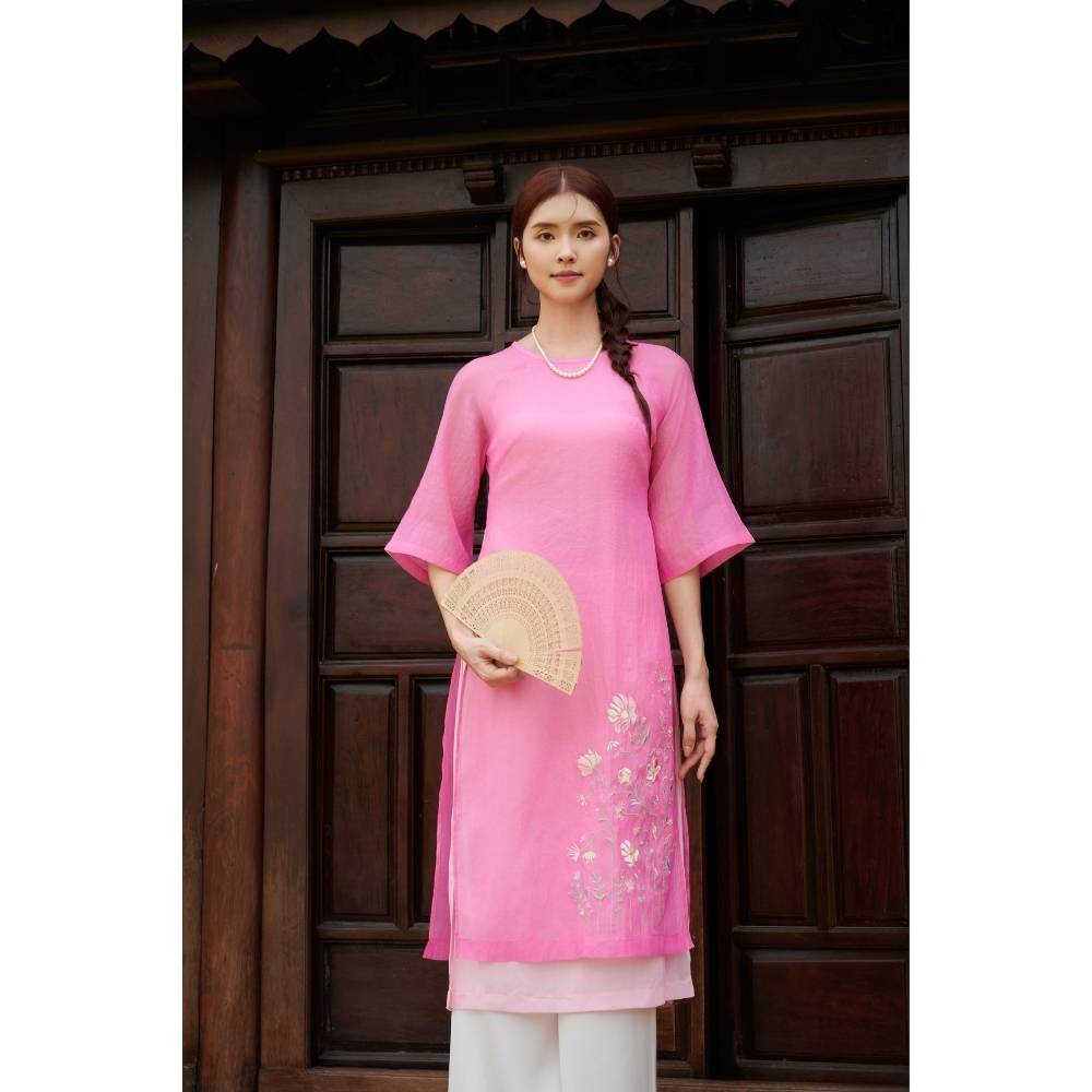Áo Dài Nữ Tơ Xốp Xuân Bôi Vesper Màu Hồng Sen