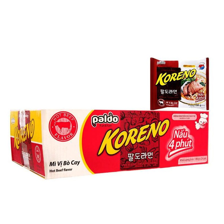 Thùng 24 gói mì nấu Koreno vị bò cay gói 100g giá tốt tại AEONESHOP