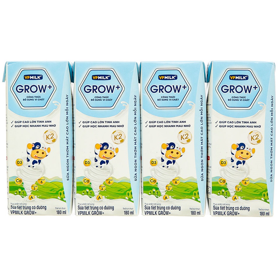Lốc 4 Sữa Tiệt Trùng VPMilk Grow+ Có Đường 180ml