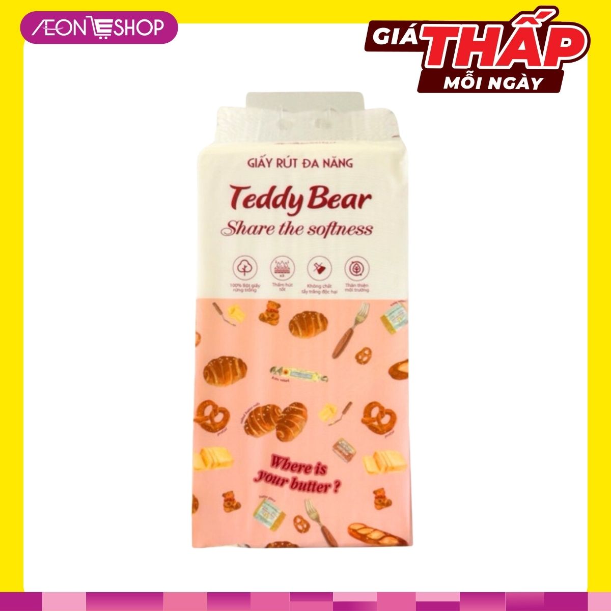 Khăn Giấy Teddy Bear Rút Đáy 4 Lớp 1280 Tờ