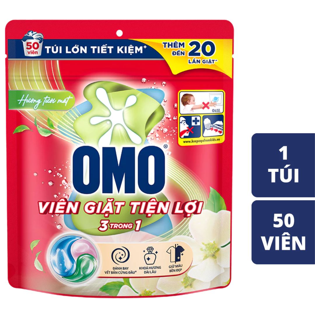 Túi 50 viên giặt OMO 3 trong 1 Hương Tươi Mát 10.5g giá tốt Tháng 12/2025