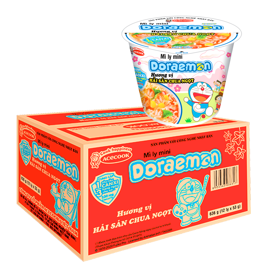 Thùng 12 Mì Ly Acecook Doraemon Hải Sản Chua Ngọt 53g x 12 Ly