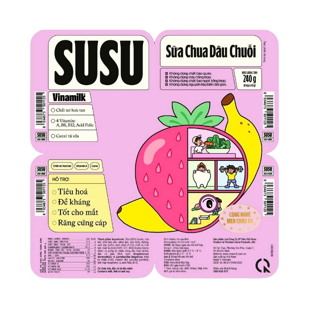 Lốc 4 Hộp Sữa Chua Ăn Dâu Chuối Susu 60g