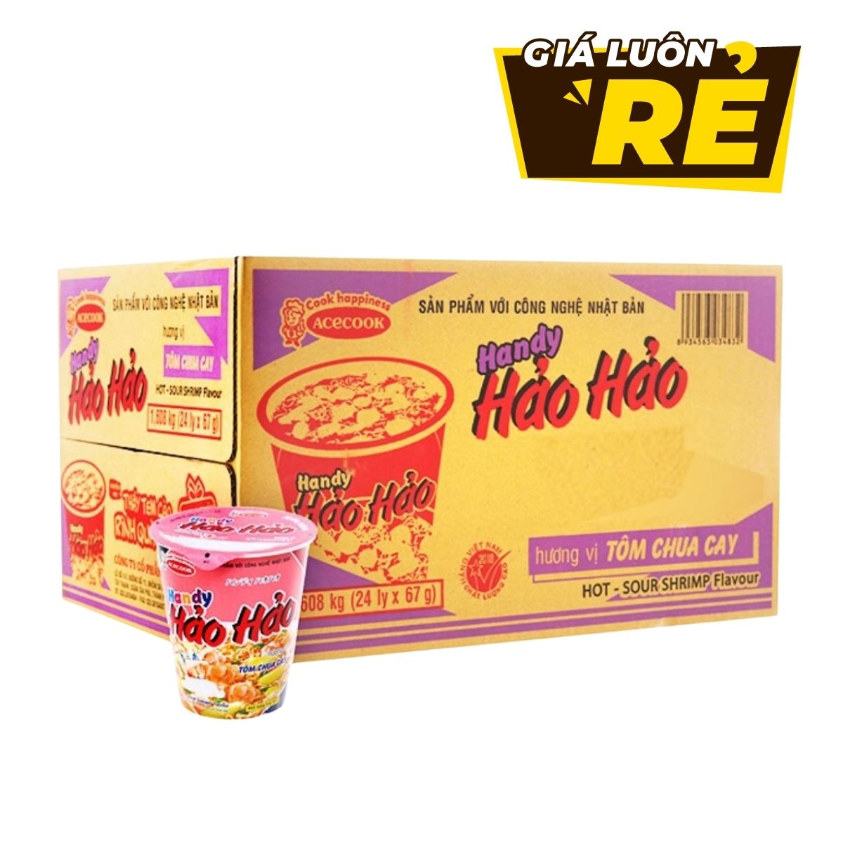 Thùng 24 Mì Acecook Hảo Hảo Ly Handy Vị Tôm Chua Cay 67g x 24 Ly