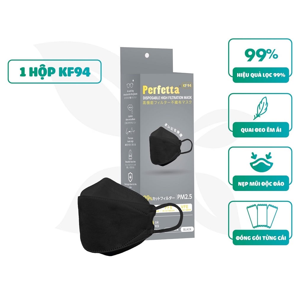 Khẩu Trang Y Tế Perfetta KF94 Màu Trắng/Đen 3 Lớp Hộp 20 Cái