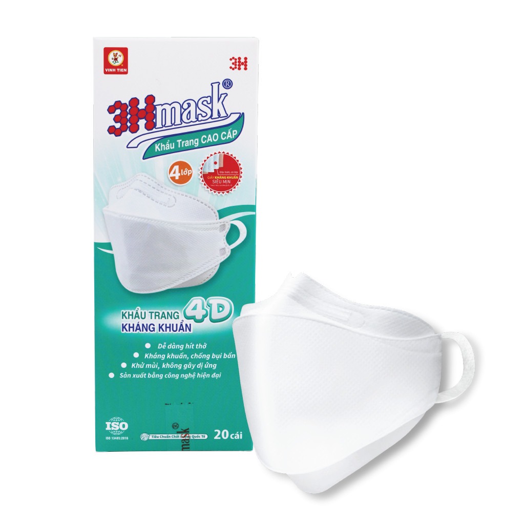 Khẩu Trang 3H 4D 4 Lớp Màu Trắng 20 Cái